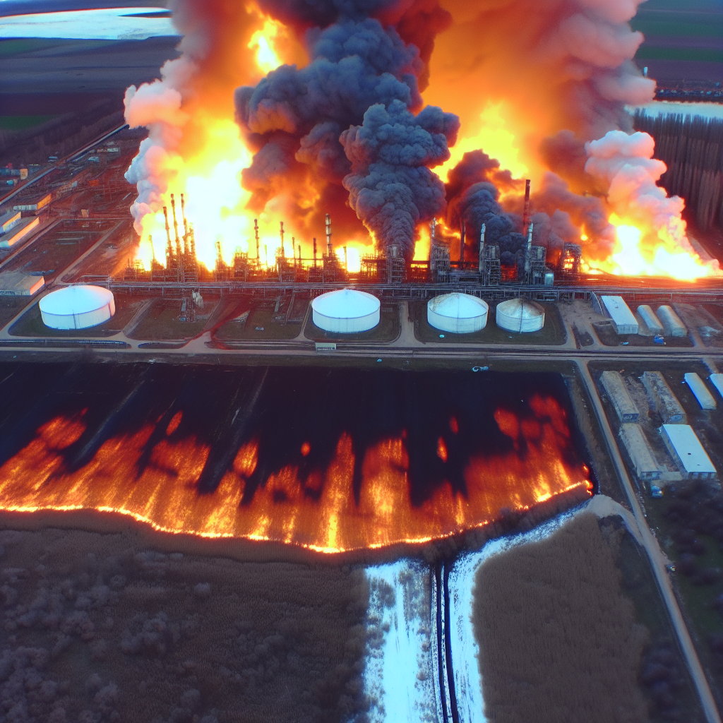 Fuego en refinería rusa tras ataque de drones. - Columna Digital